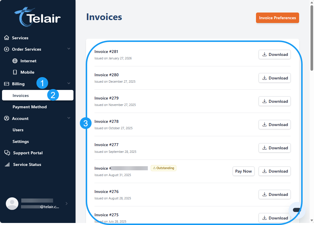 View & Download Invoices – Telair